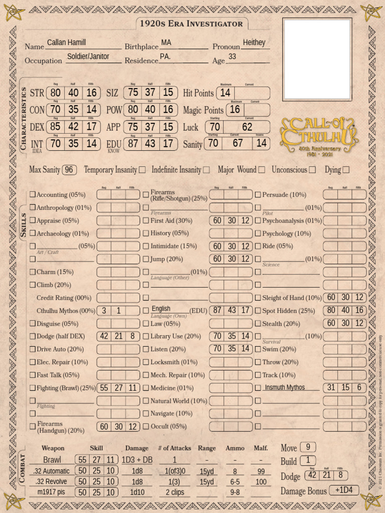 1920s CoC Character sheetFireCallanCoC | PDF