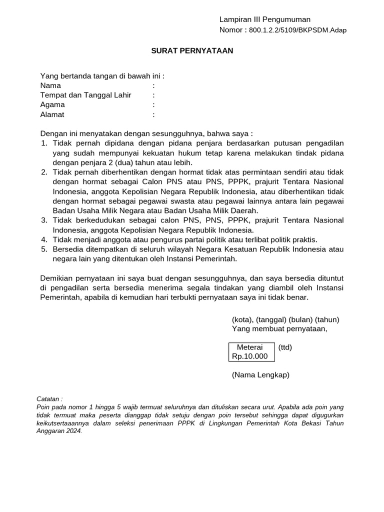 Lampiran Iii Format Surat Pernyataan 5 Poin | PDF