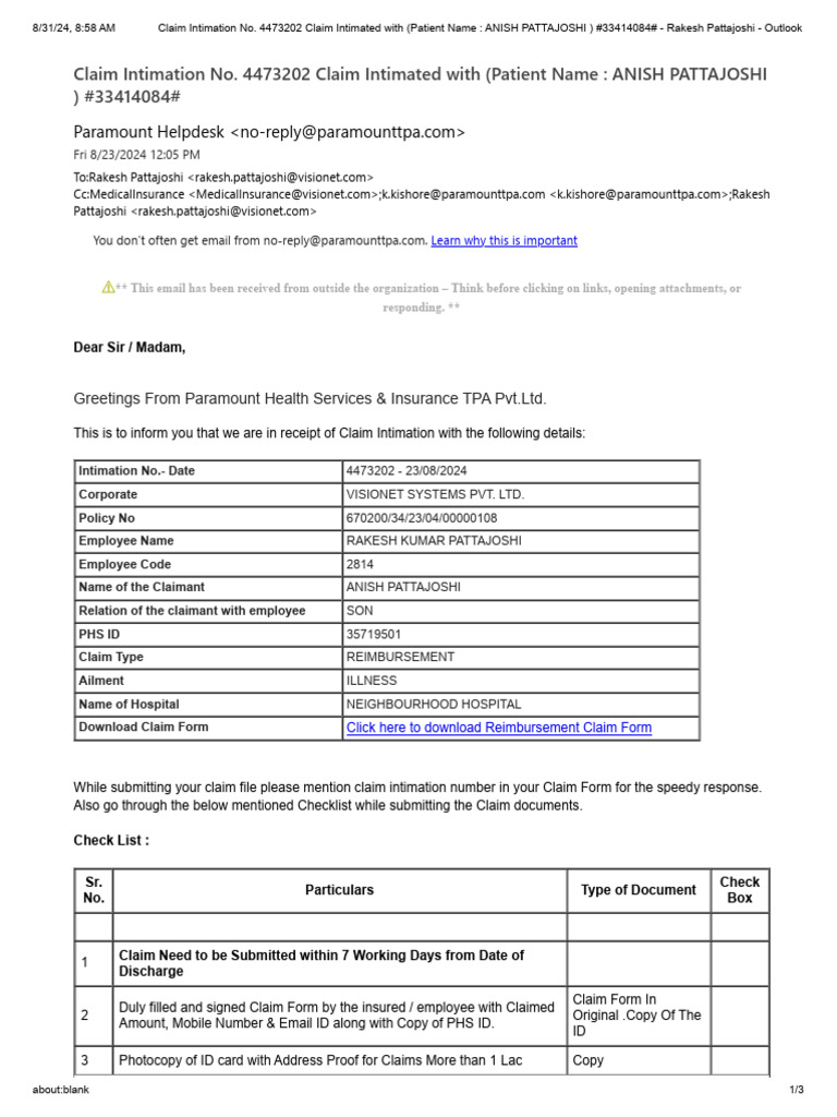 Claim Intimation No. 4473202 - ANISH PATTAJOSHI) 33414084 | PDF