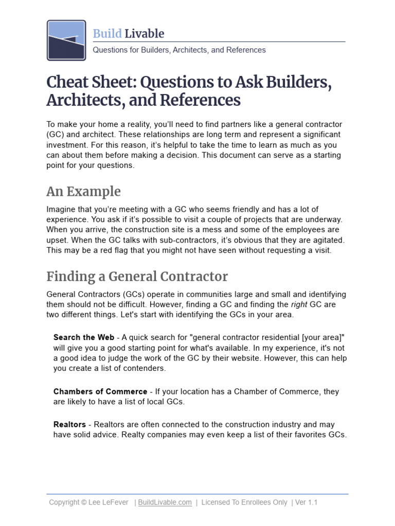 Cheat Sheet Questions Builders and Architects Build Livable | PDF