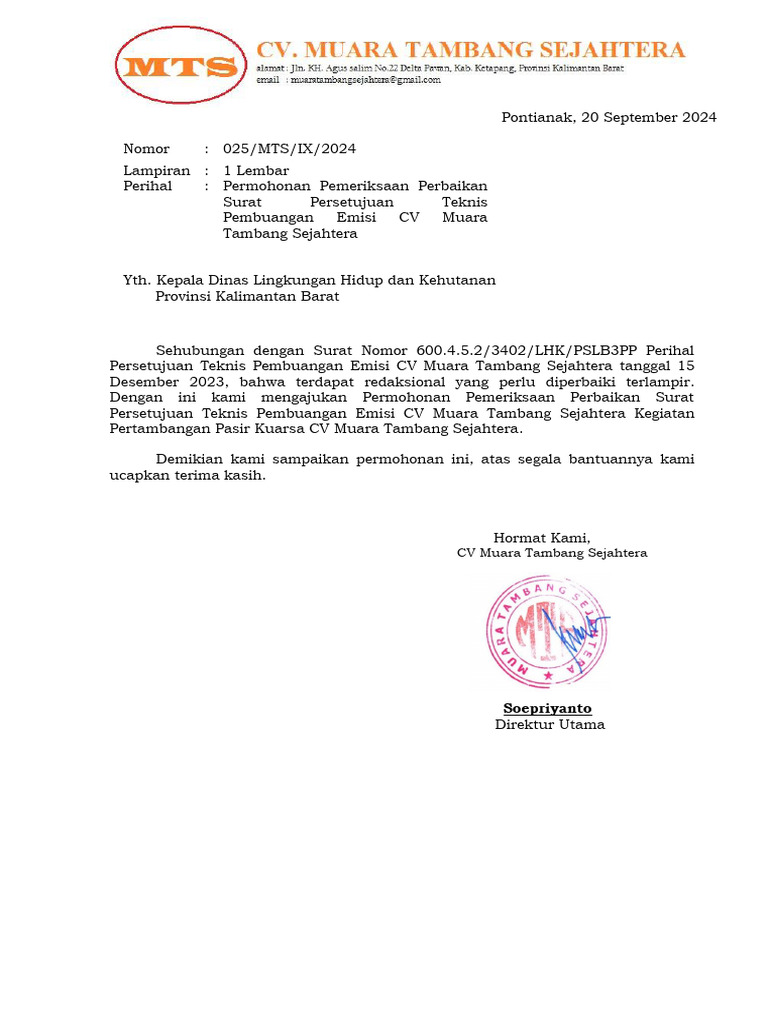 Surat Permohonan Pemeriksaan Perbaikan Surat Pertek Emisi CV MTS | PDF