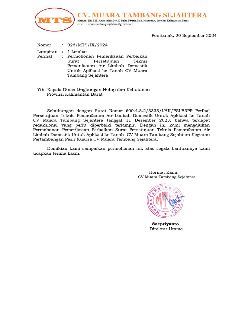 Surat Permohonan Pemeriksaan Perbaikan Surat Pertek Air Limbah CV MTS | PDF