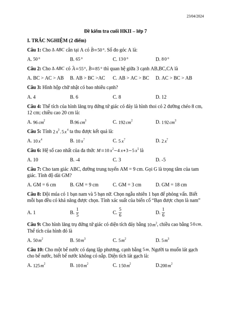 Đề Kiểm Tra Cuối HKII | PDF