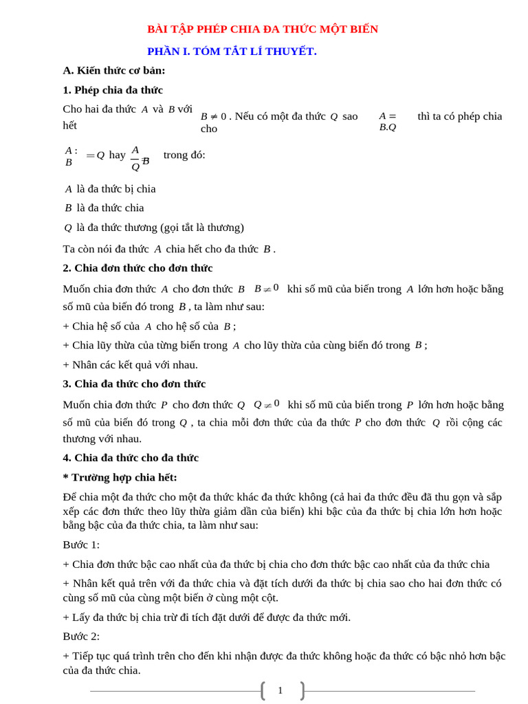 Bai Tap Phep Chia Da Thuc Mot Bien | PDF