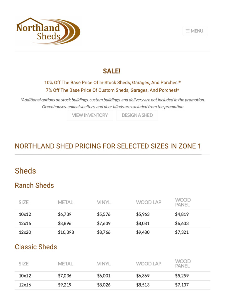 Price List Zone 1 - Northland Sheds | PDF