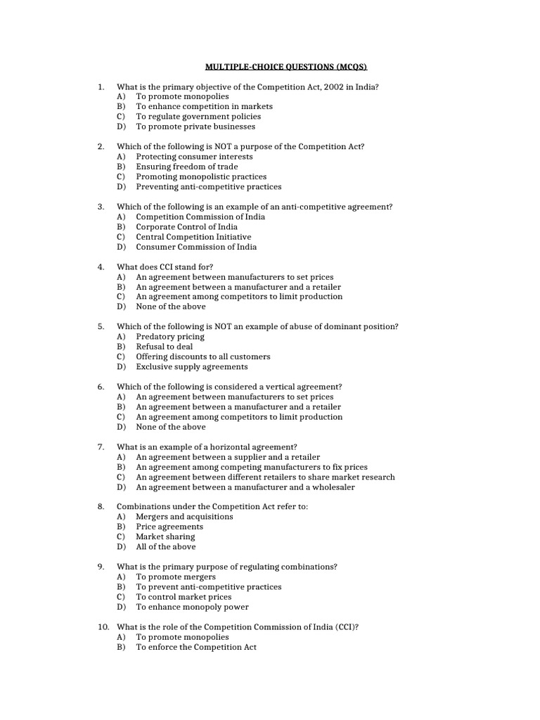 Competition Act - MCQ - W:o Answers | PDF