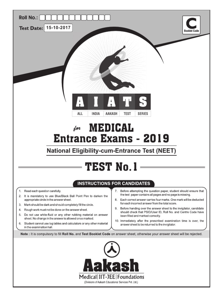AIATS 2019 (Medical TYM) Test 01 - Code C | PDF