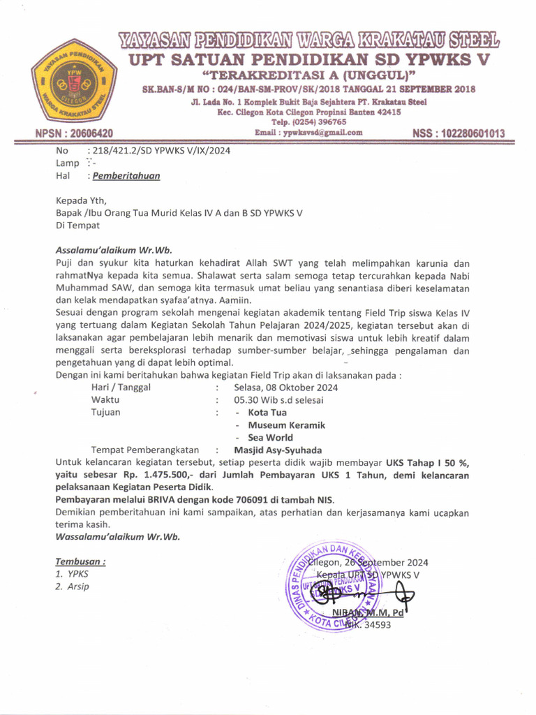 Surat Pemberitahuan Kegiatan Field Trip Kls IV SD Ypwks V TP 24-25 | PDF