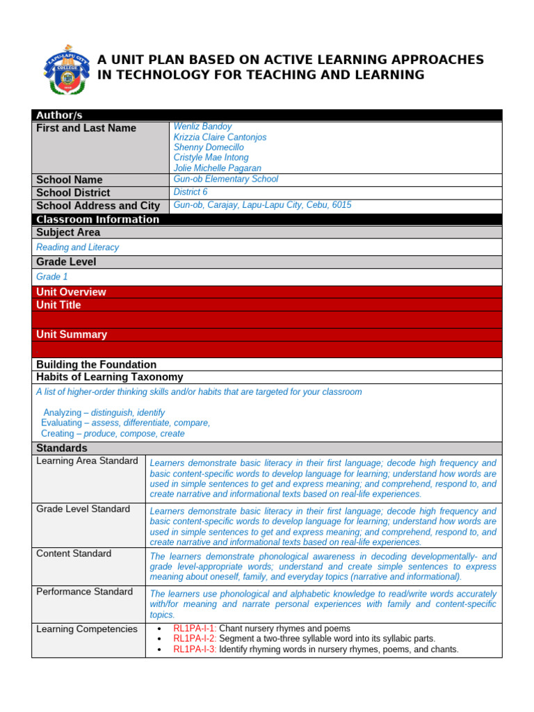 TEMP Active Learning Based Unit Plan 1 | PDF