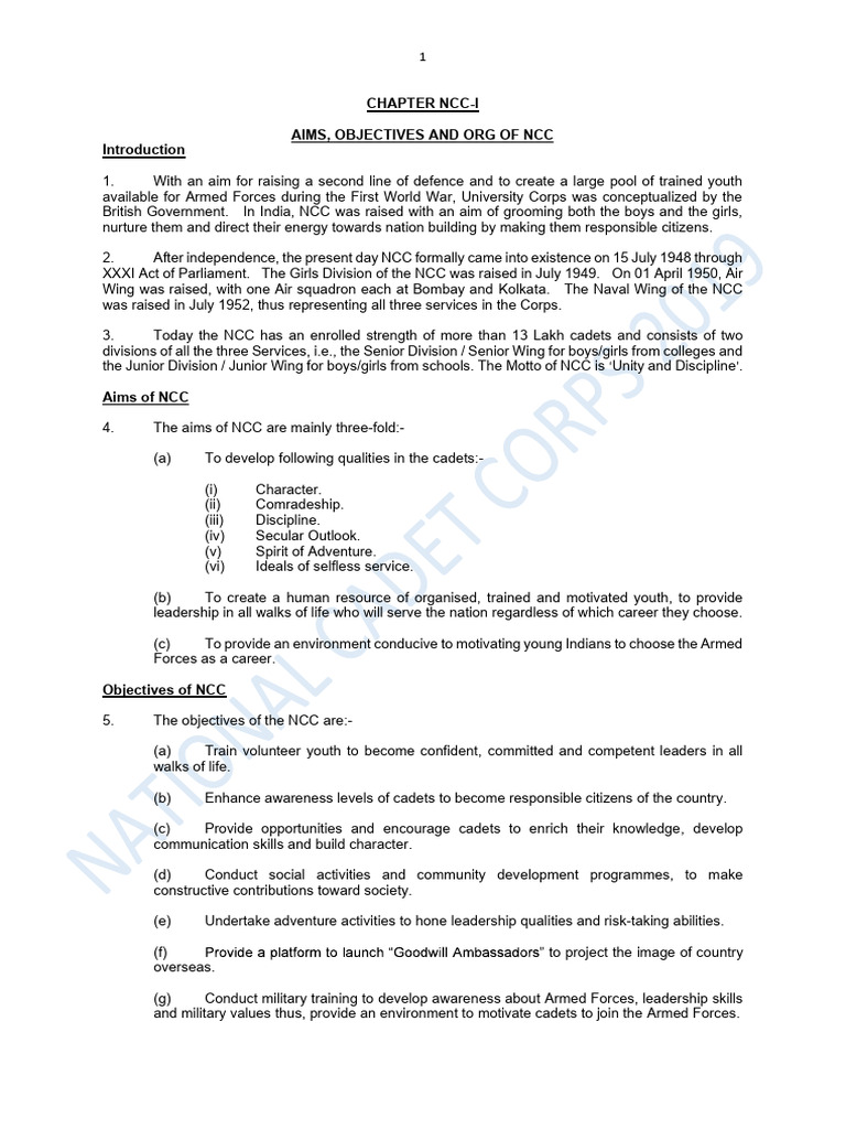 Organisation of NCC - Dd89a33ad923369fc5f9 | PDF