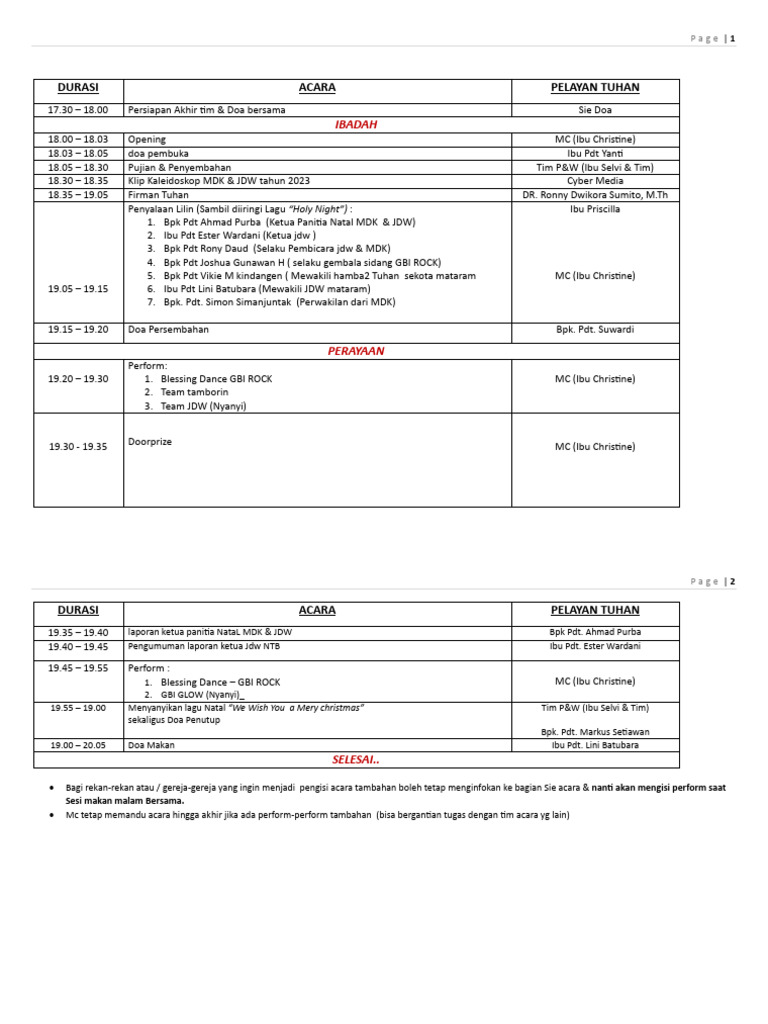 Rundown Natal Gabungan JDW & MDK | PDF