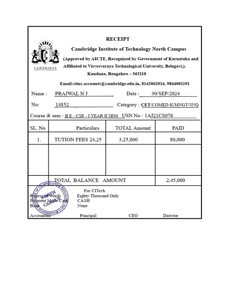 Receipt Cambridge Institute of Technology North Campus | PDF