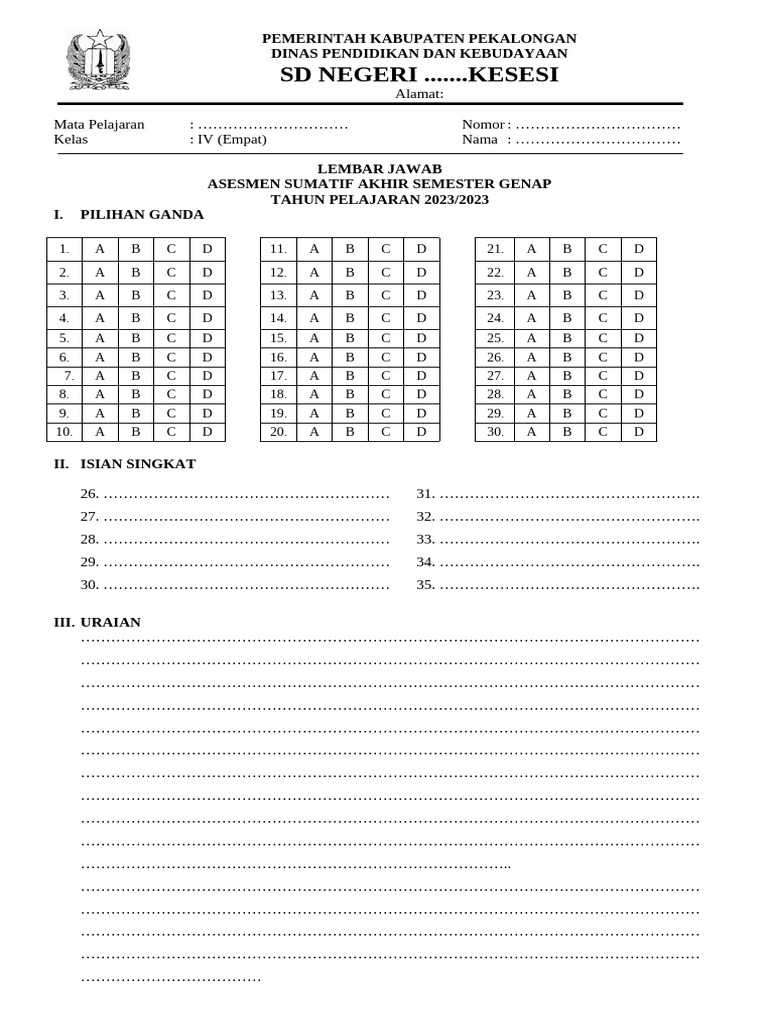 Lembar Jawab Asas SMT 2 Kelas 4 Oke | PDF