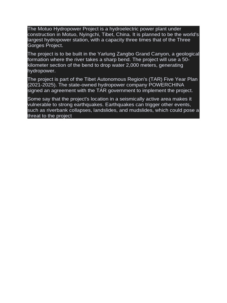 The Motuo Hydropower Project Is A Hydroelectric Power Plant Under ...