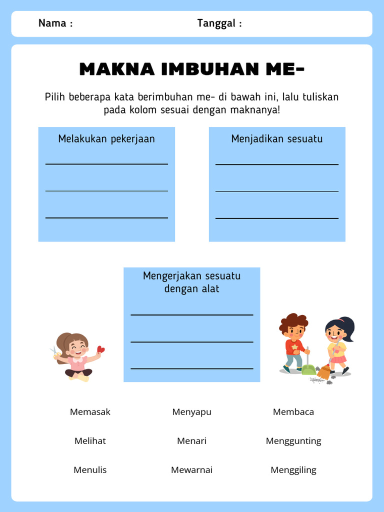 Lembar Kerja Makna Imbuhan Me - Biru Ilustrasi Sederhana | PDF