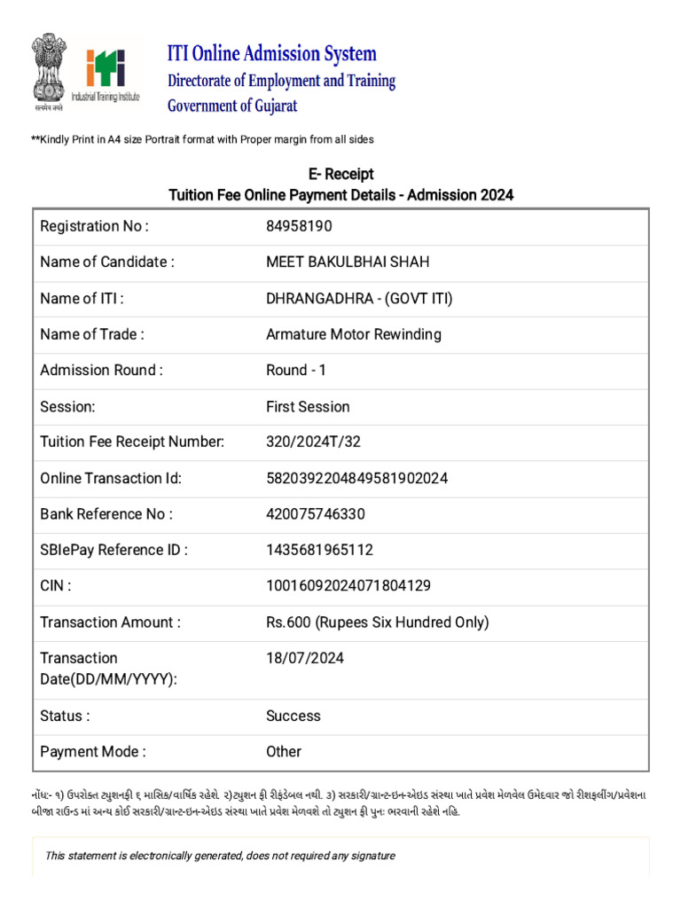 Online Tution Fee Payment Receipt | PDF
