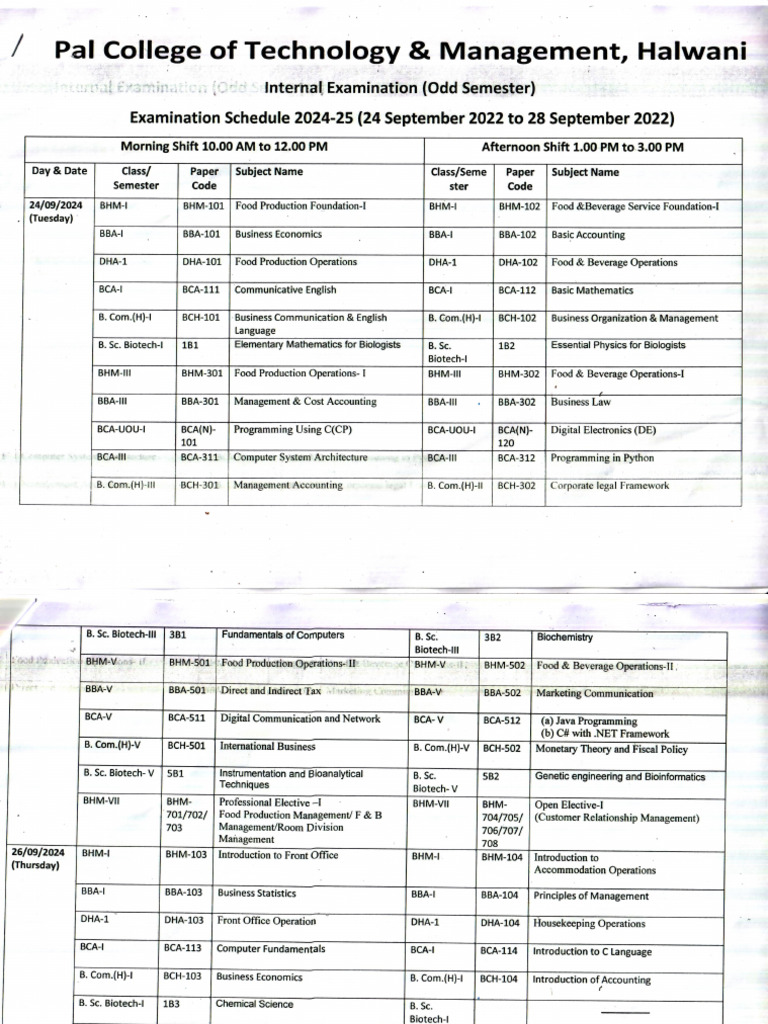 Odd Semester Internal Examination Date Sheet 2024 | PDF