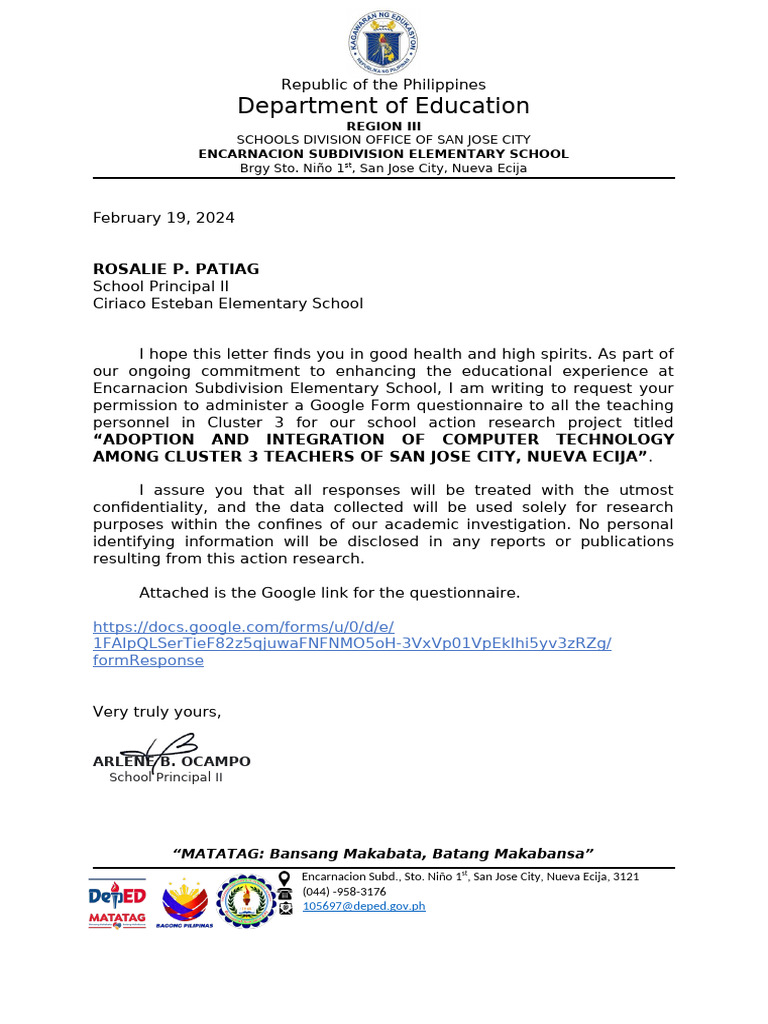 Research Questionnaire Letter For School Heads in Cluster 3 | PDF