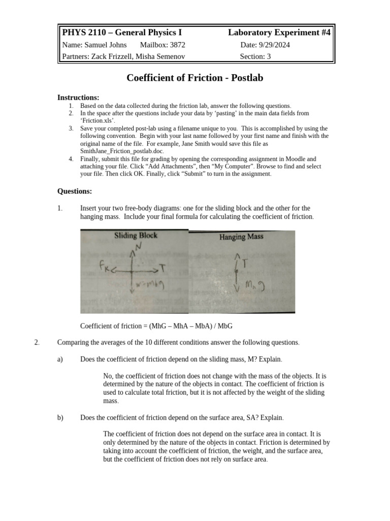 Friction Postlab | PDF
