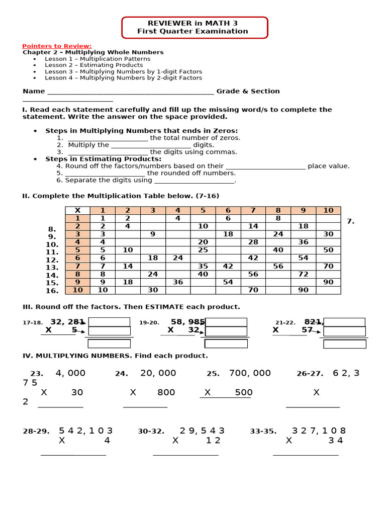 MATH and MAPEH 1st Quarter REVIEWERS | PDF
