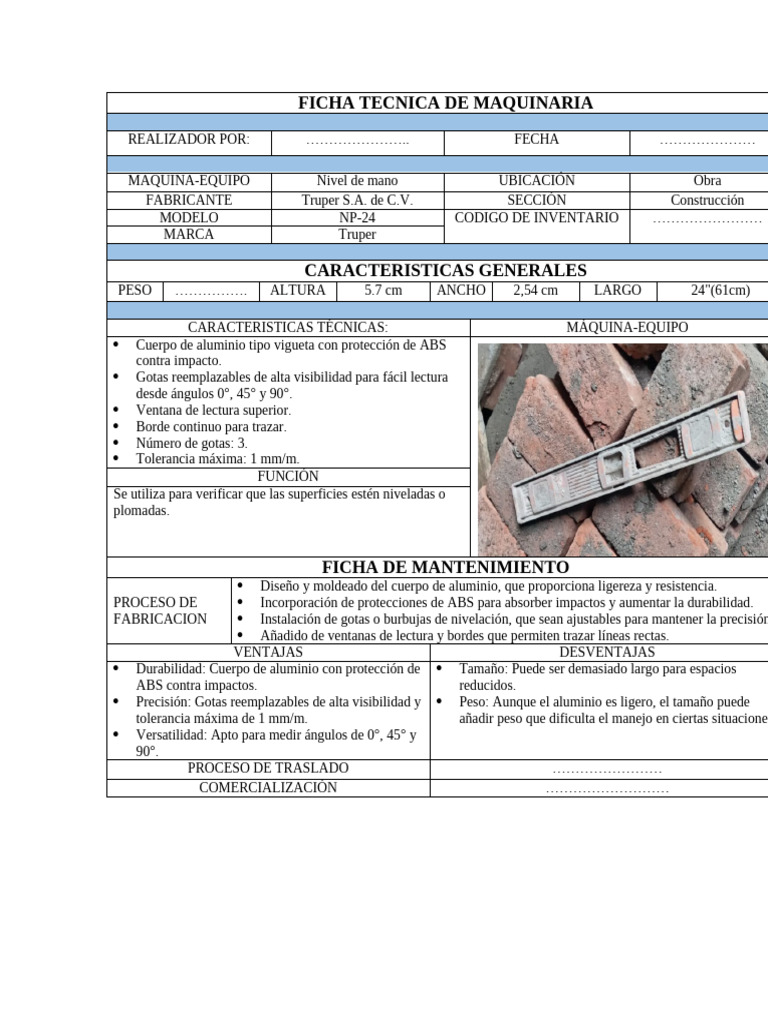Angelo Medalla FICHA TECNICA DE MAQUINARIA | PDF | Hormigón | Hogar, jardinería y bricolaje