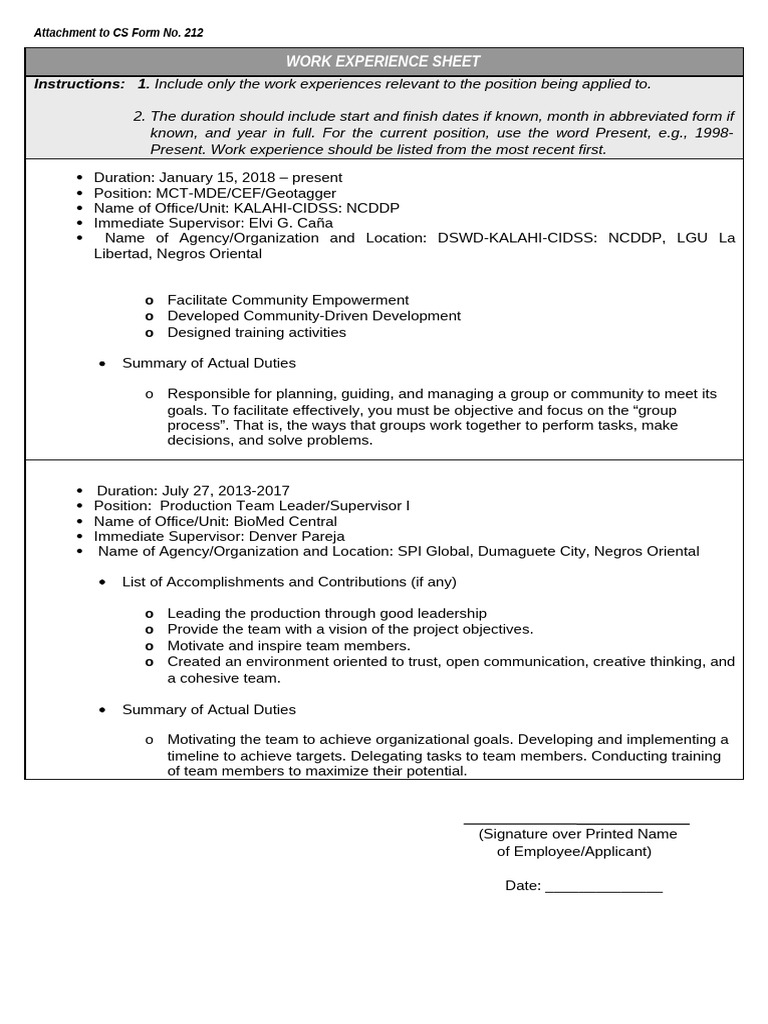 Work-Experience-Sheet-CS-Form-No.-212 | PDF