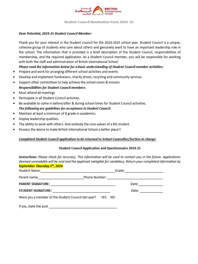 Student Council Nomination Form - 2024-25 | PDF