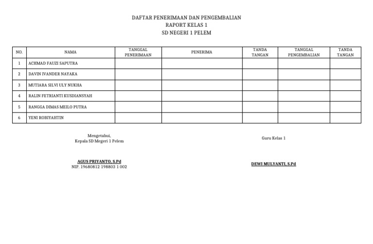 Daftar Penerimaan Dan Pengembalian Raport | PDF