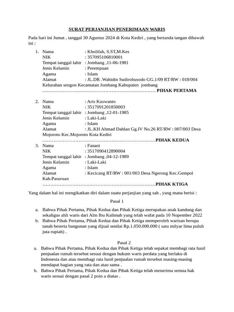 Surat Perjanjian Penerimaan Waris Pak Aris Dan Bu Riezka | PDF