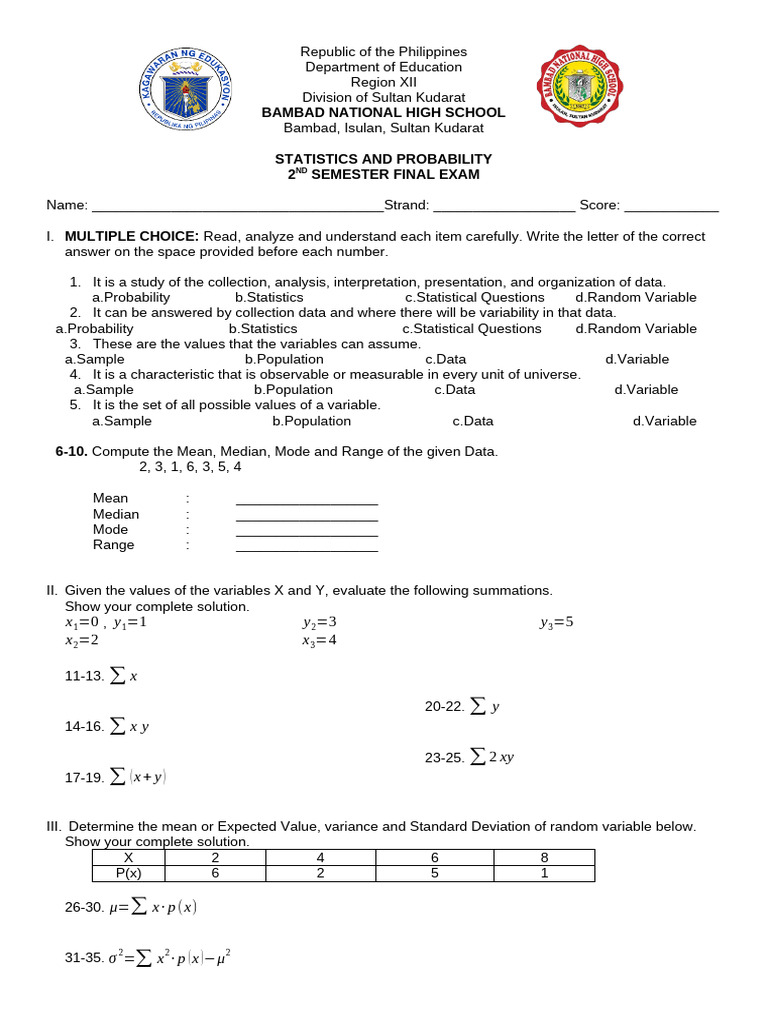 4th Quarter Final Exam Statistics & Probability | PDF