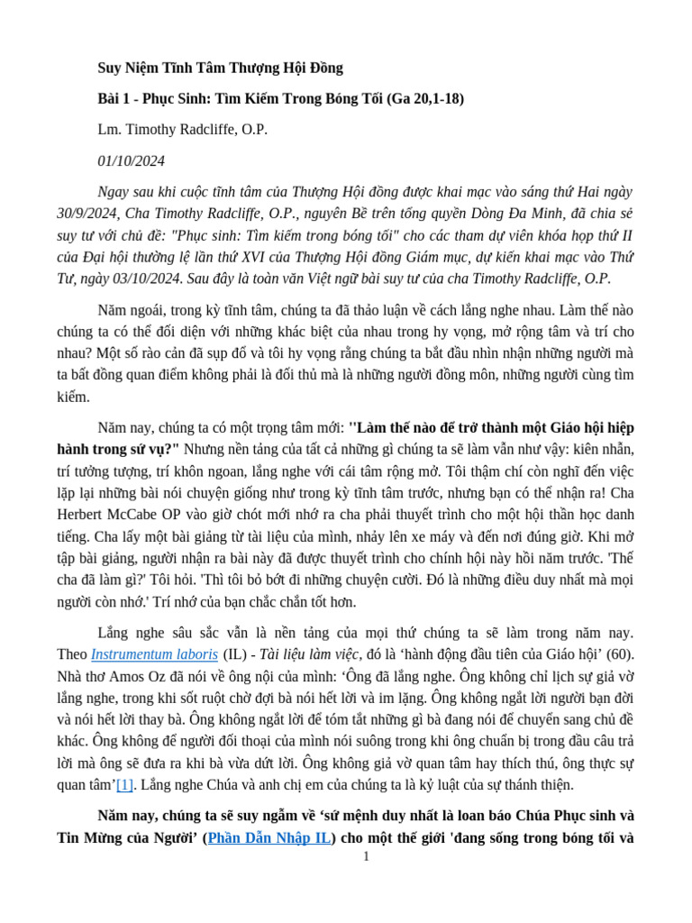 Timothy Radcliffe OP - 01. Phục Sinh - Tìm Kiếm Trong Bóng Tối (Ga 20,1 ...
