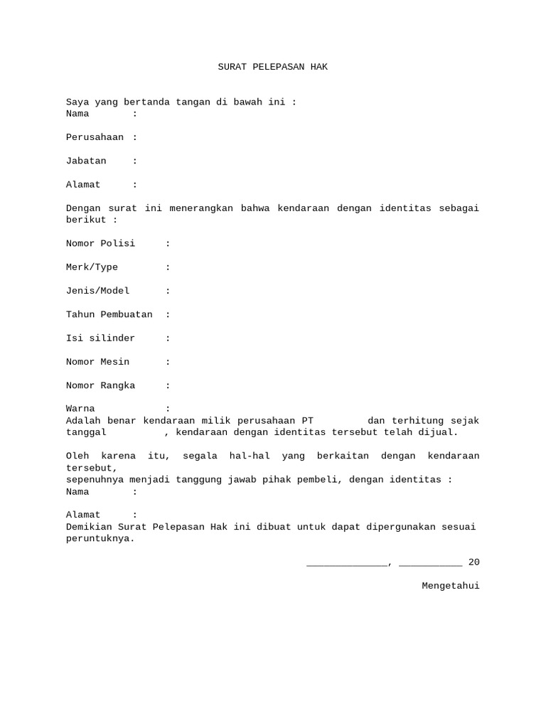 Contoh Surat Pelepasan Hak (Jual Mobil Perusahaan) | PDF