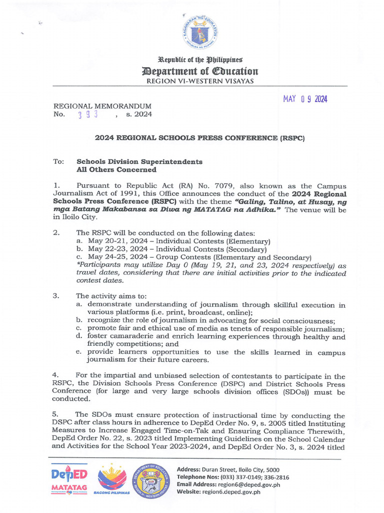 RM No. 393, S. 2024 - Regional Schools Press Conference (RSPC) | PDF