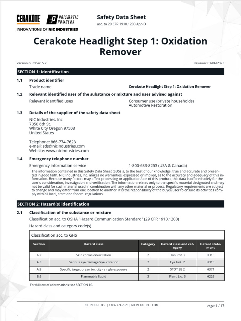 Cerakote_Headlight_Step_1_Oxidation_Remover_SDS_v5.2 | PDF