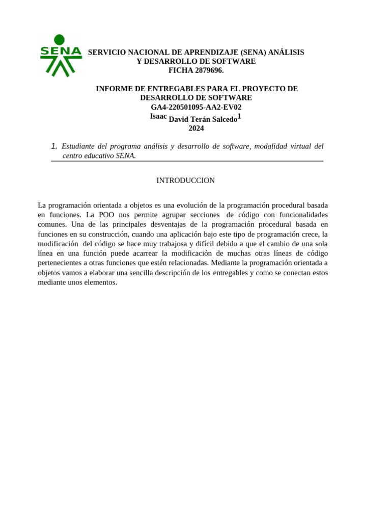 Informe de Entregables para El Proyecto de Desarrollo de Software GA4-220501095-AA2-EV02 | PDF ...