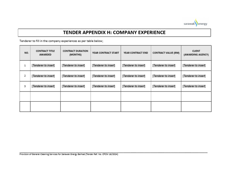 Tender Appendix H - Company Experience | PDF