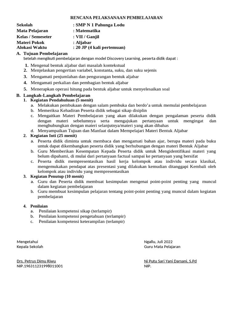 RPP Matematika Kelas 7 Ganjil Kurmer | PDF