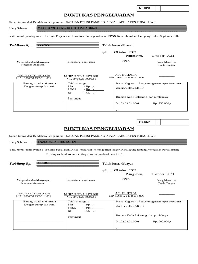 BKP Perjalanan Dinas Tanggamus | PDF
