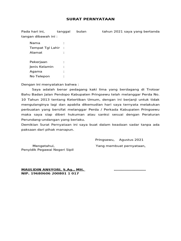 SURAT PERNYATAAN Pedagang Ttkaki Lima | PDF