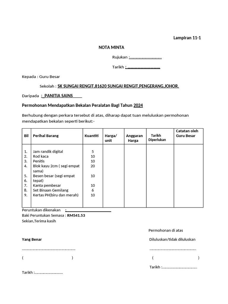 Nota Minta (Panitia Sains 2024) | PDF