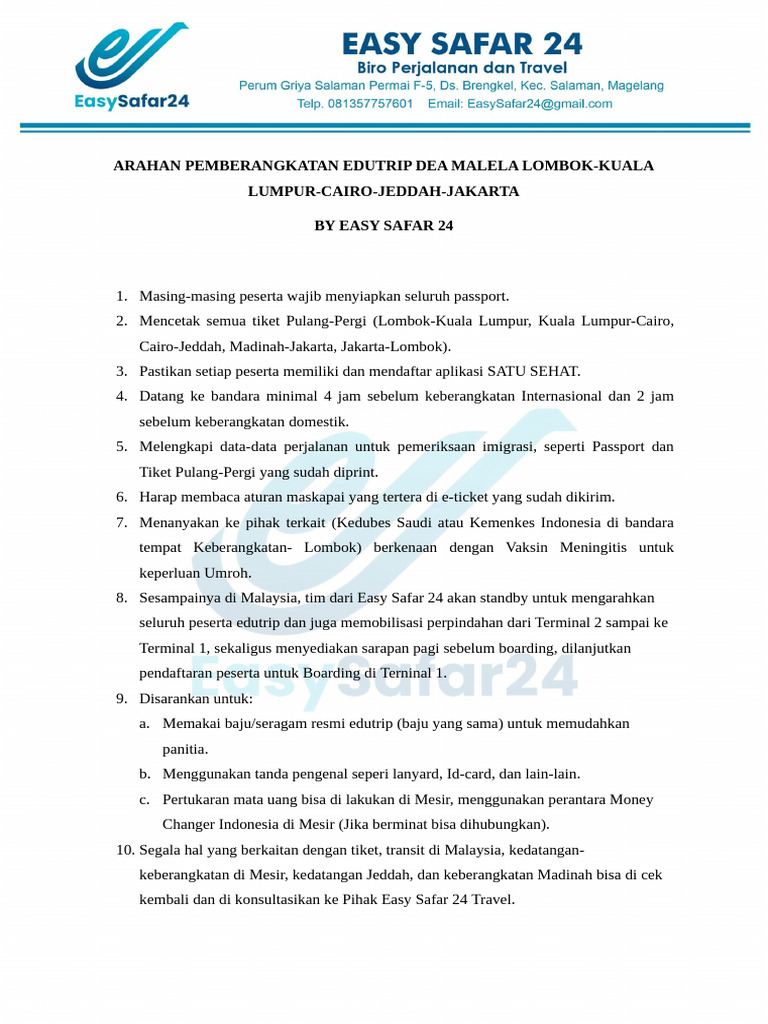 Arahan Pemberangkatan Edutrip Dea Malela 2024 | PDF