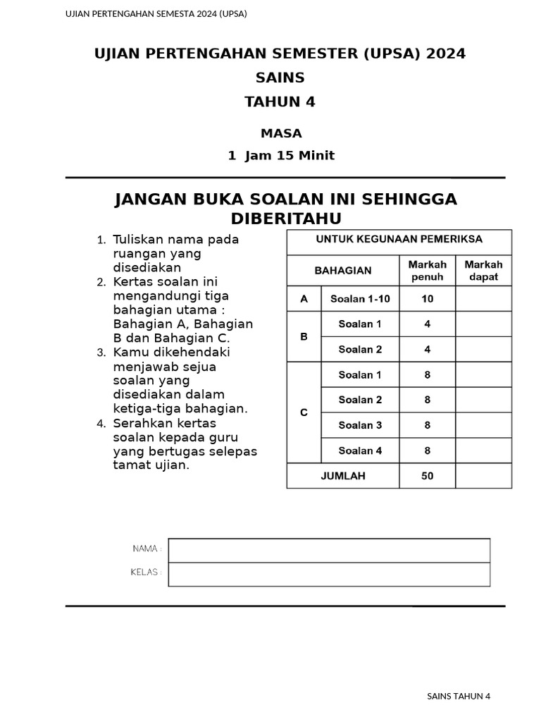 Upsa Sains Tahun 4 2024 | PDF