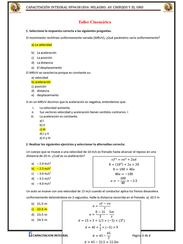 Taller Cinemática Resuelto | PDF