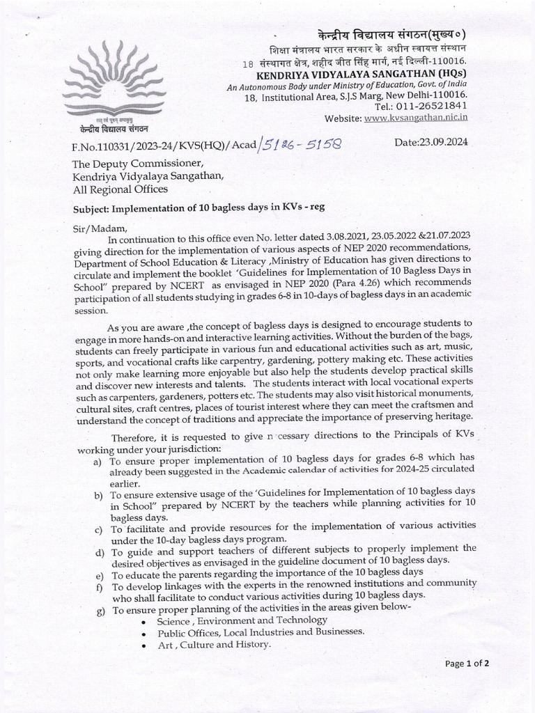 Implementation of 10 Bagless Days in KVs | PDF