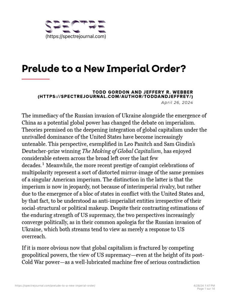 Prelude To A New Imperial Order - Spectre Journal | PDF