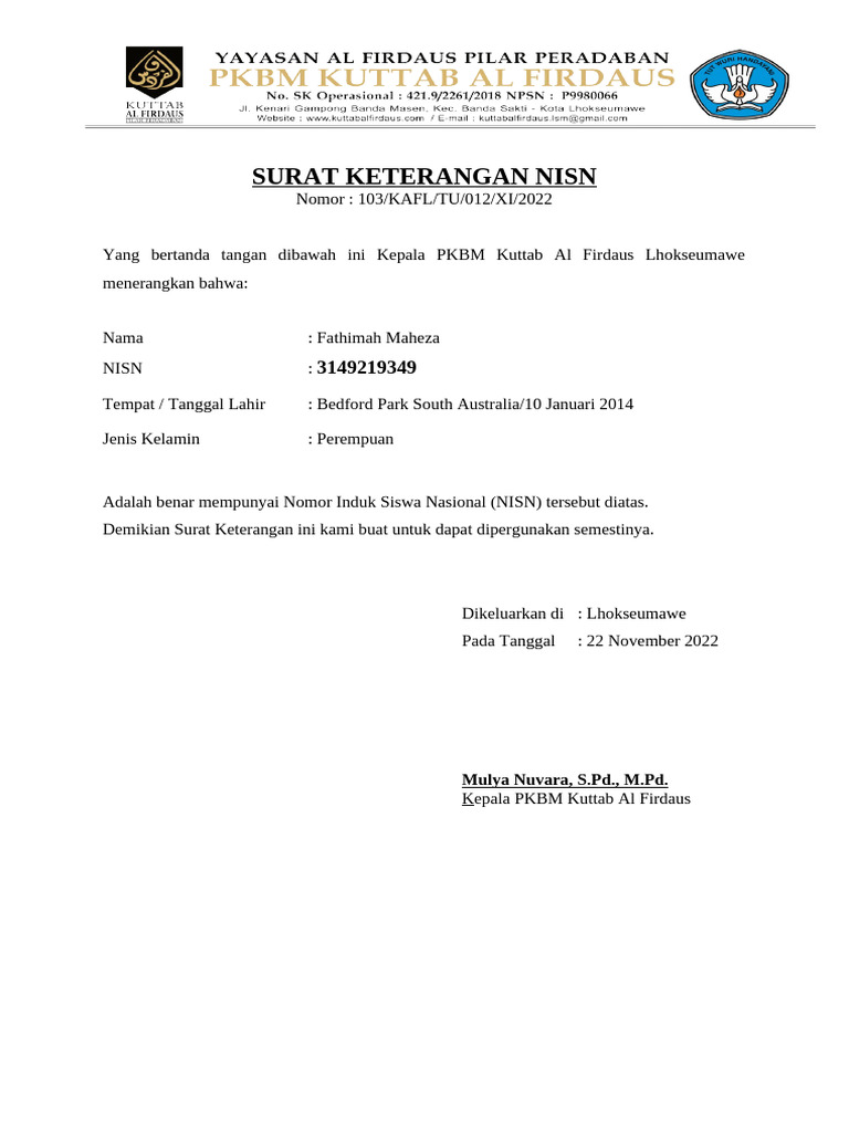 Surat Keterangan Nisn Fathimah Maheza | PDF