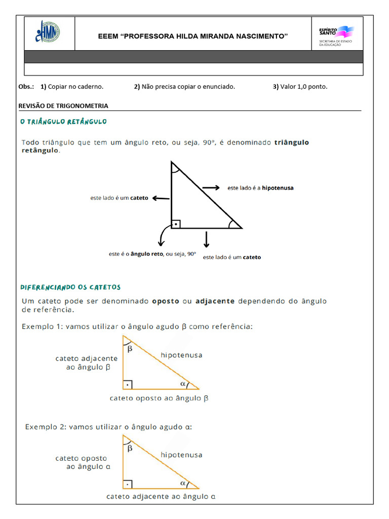 Ativ - 3º Ano - Revisão Trigonometria | PDF