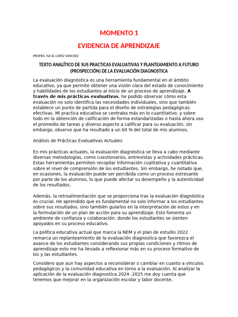 Evidencia de Aprendizaje Momento 1 Taller de Evaluacion Diagnostica 2024 | PDF