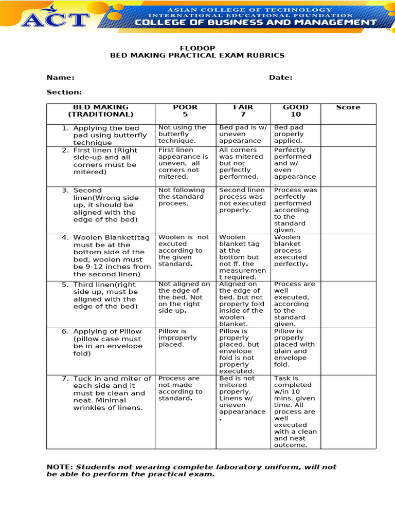 Bed Making Rubrics For Practical Exam | PDF