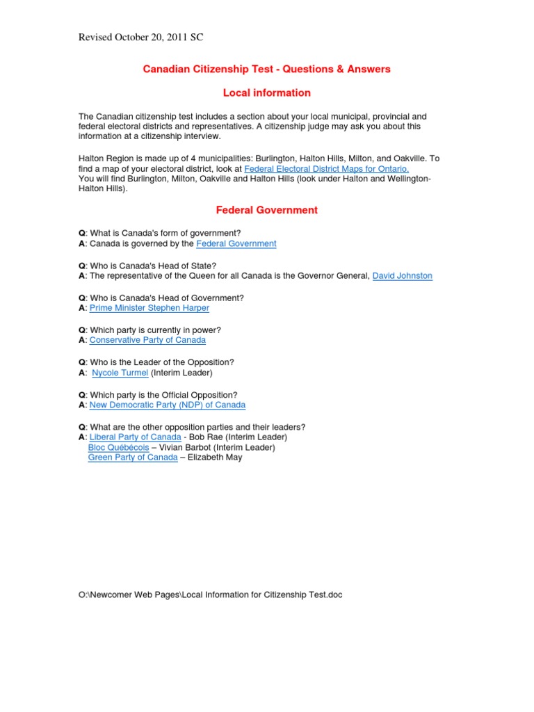 Canadian Citizenship Test - Questions & Answers Local Information | PDF ...